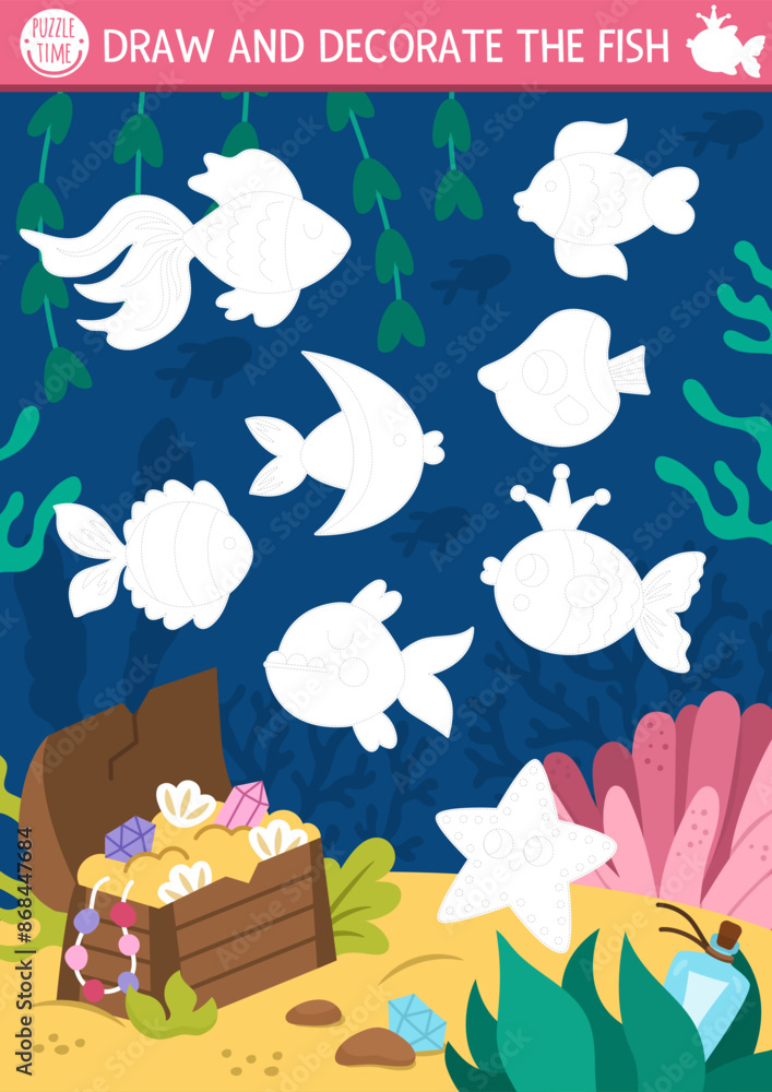 Mermaid drawing, writing, tracing, coloring activity for kids with sea ...