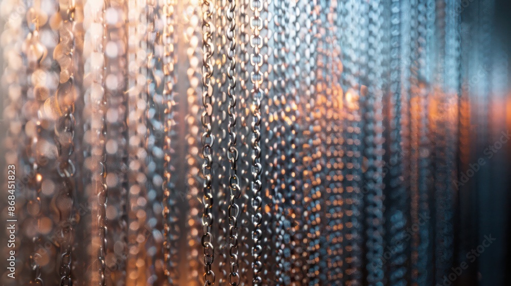 Screen wall composed of hanging chains in a gradient of metallic shades ...