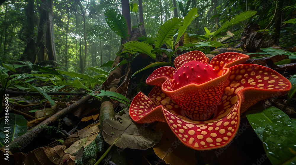 The Rafflesia Arnoldii plant grows majestically, its large red petals ...