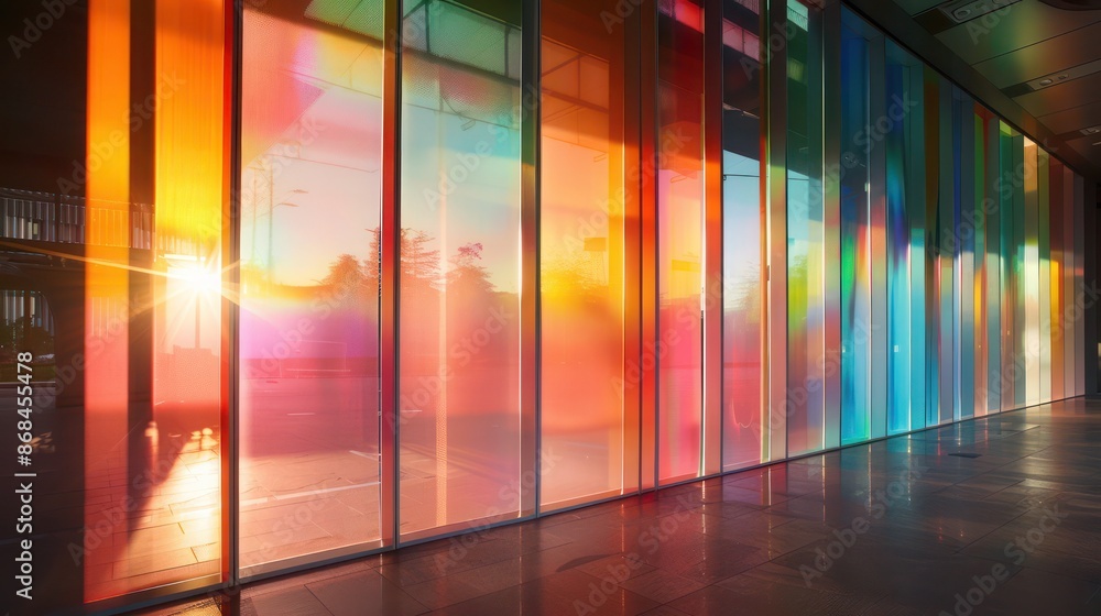 Screen wall composed of vertical panels of dichroic glass, changing ...