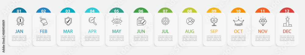 Timeline calendar infographic template. 12 Step timeline journey ...