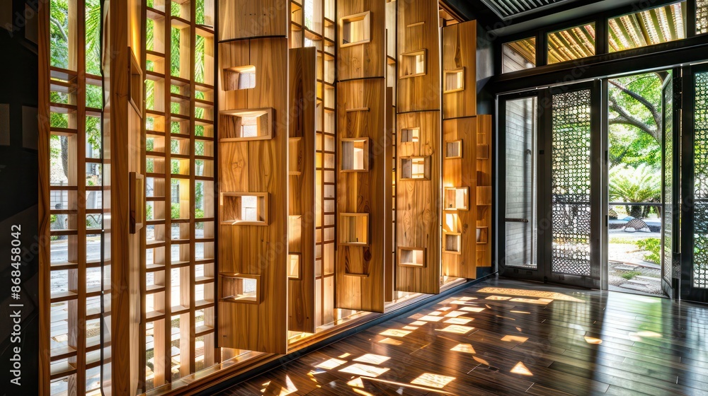 Foto de Screen wall designed as a series of pivoting wooden panels ...