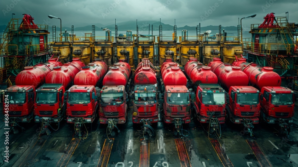 Generate a birds-eye scene of airport fueling stations, with fuel ...