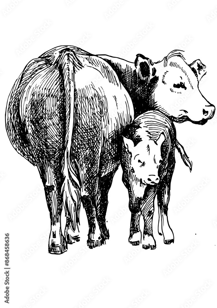 Illustration of domestic animals. Cow with calf. Line sketch converted ...