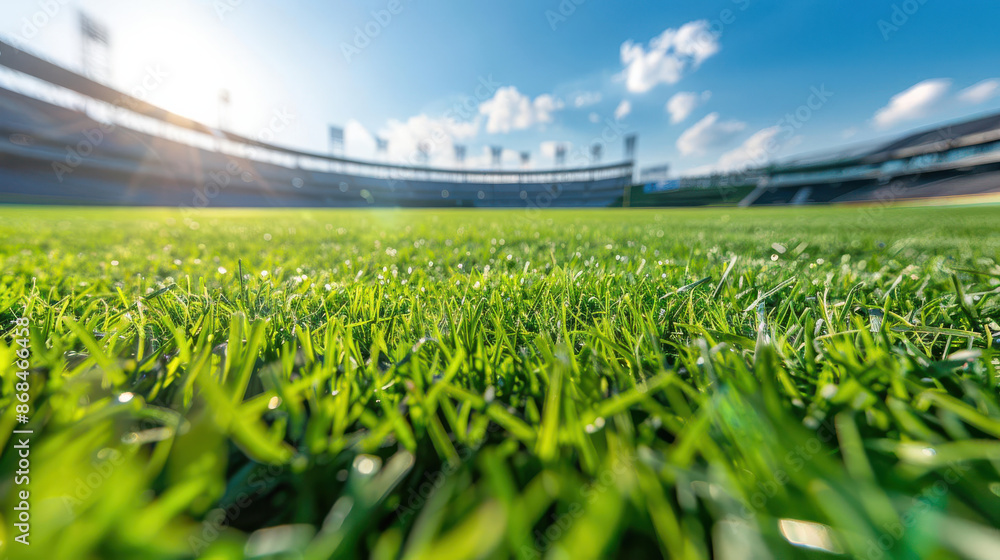 Green grass field in a baseball stadium with empty seats Stock Photo ...