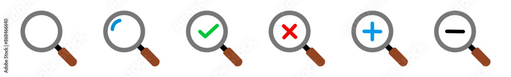 Magnifying glass black icons check positive and negative, increase plus ...