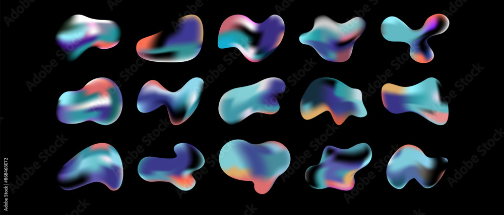 Liquid blobs on dark transparent background. Iridescent chrome drops or ...