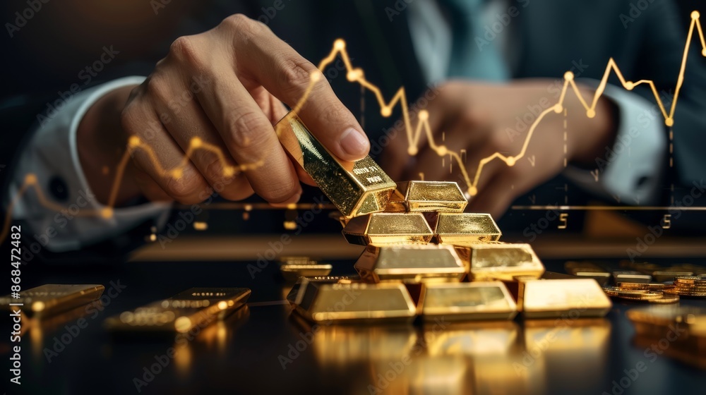 Investor placing gold bars on a chart with a gold line graph Stock ...