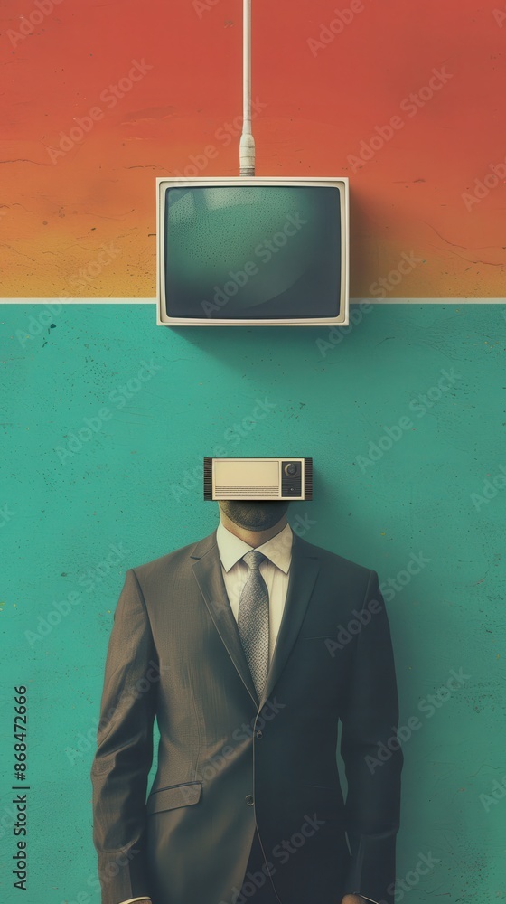 Surreal image of a headless man in a suit with an old TV set as his ...