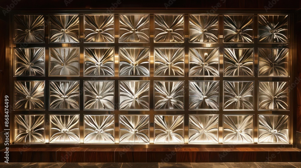 Screen wall featuring modular units of pressed metal tiles, each with a ...