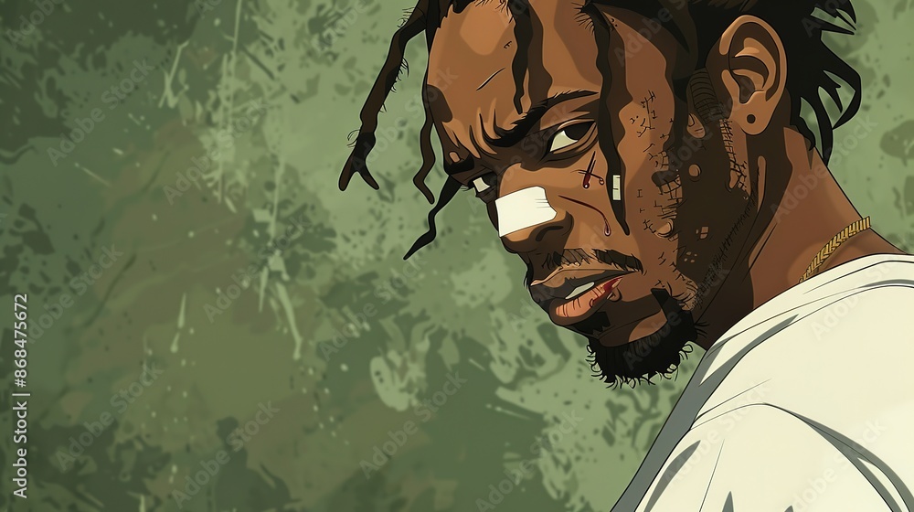 anime of angry mad man, with a white t shirt and bruised face with band ...