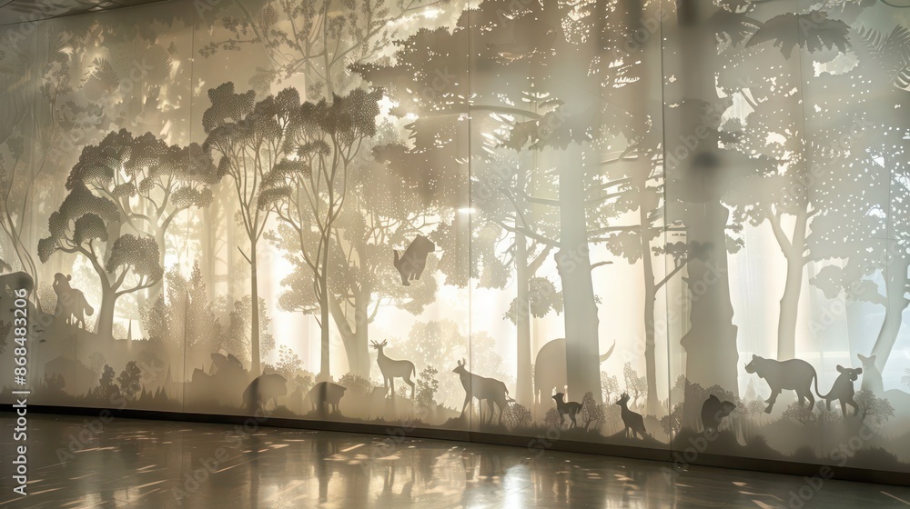 Screen wall made of frosted plexiglass with laser-cut silhouettes of ...