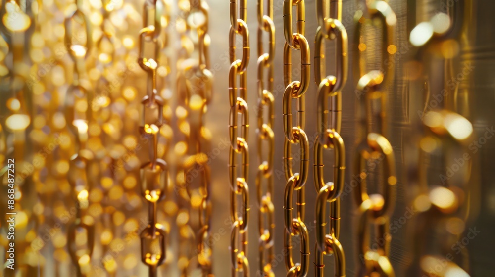 Screen wall with a network of brass chains, each link contributing to a ...