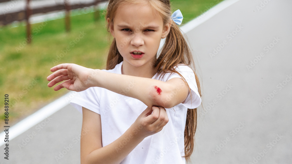 The girl cut her elbow after falling from a scooter Stock Photo | Adobe ...