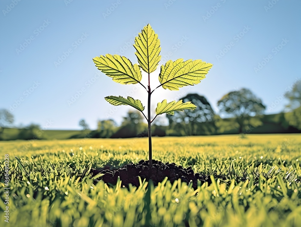 A young,green sapling emerging from the earth in a lush,grassy field ...