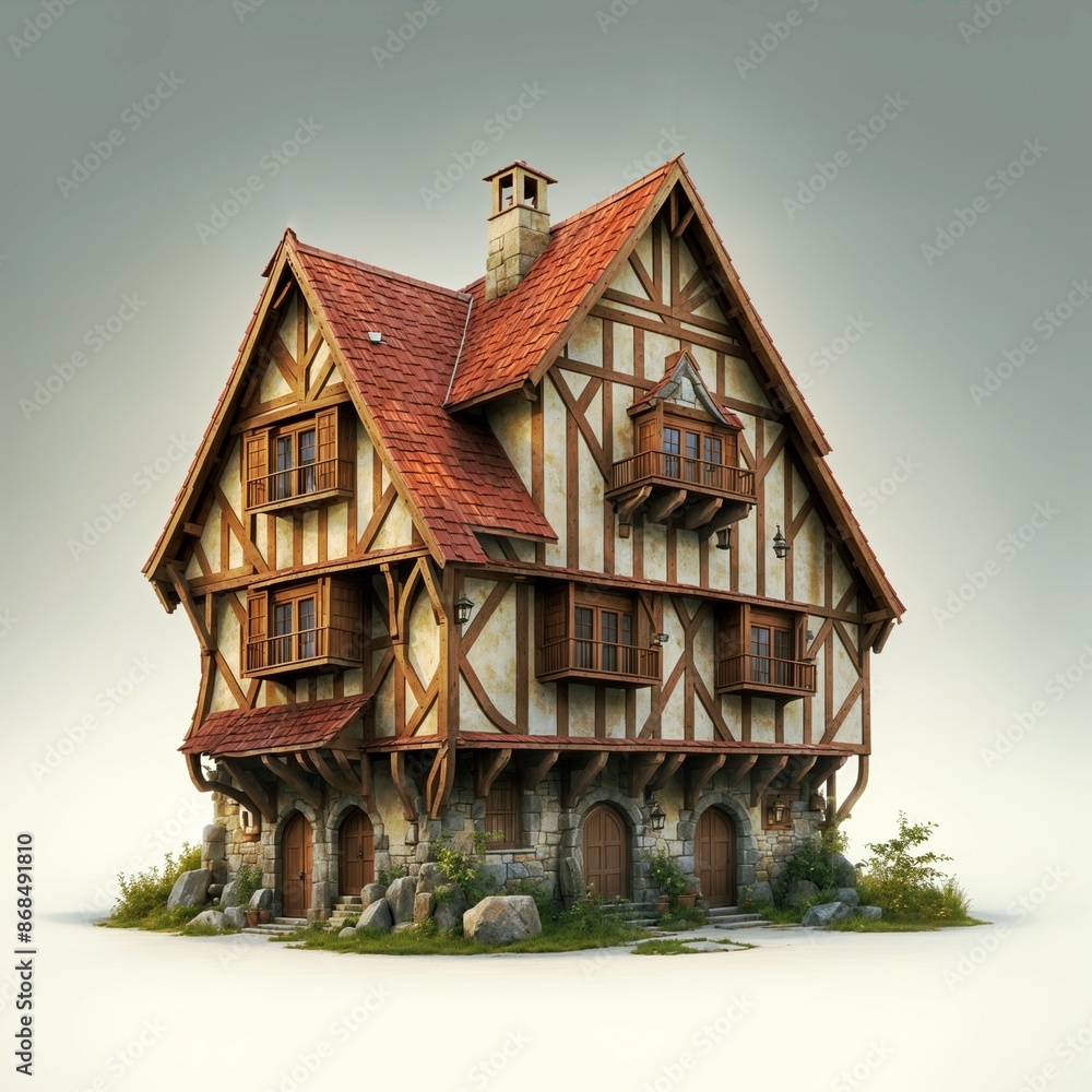 Medieval Fantasy House with A-Frame Roof and Stone Foundation 3D ...