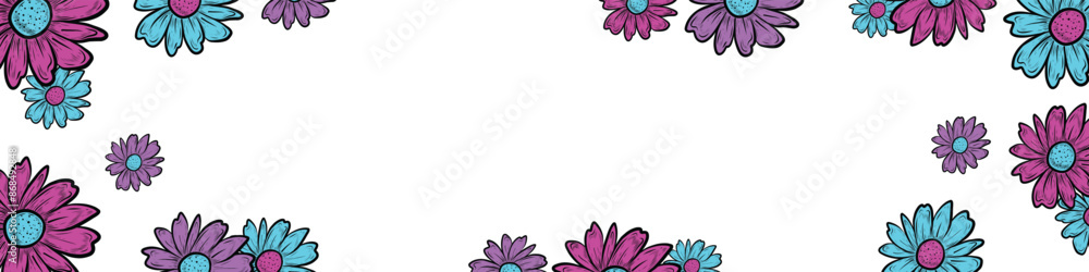 Vector Hand Drawn Daisy Flowers Creative Frame Template Neon Colors ...