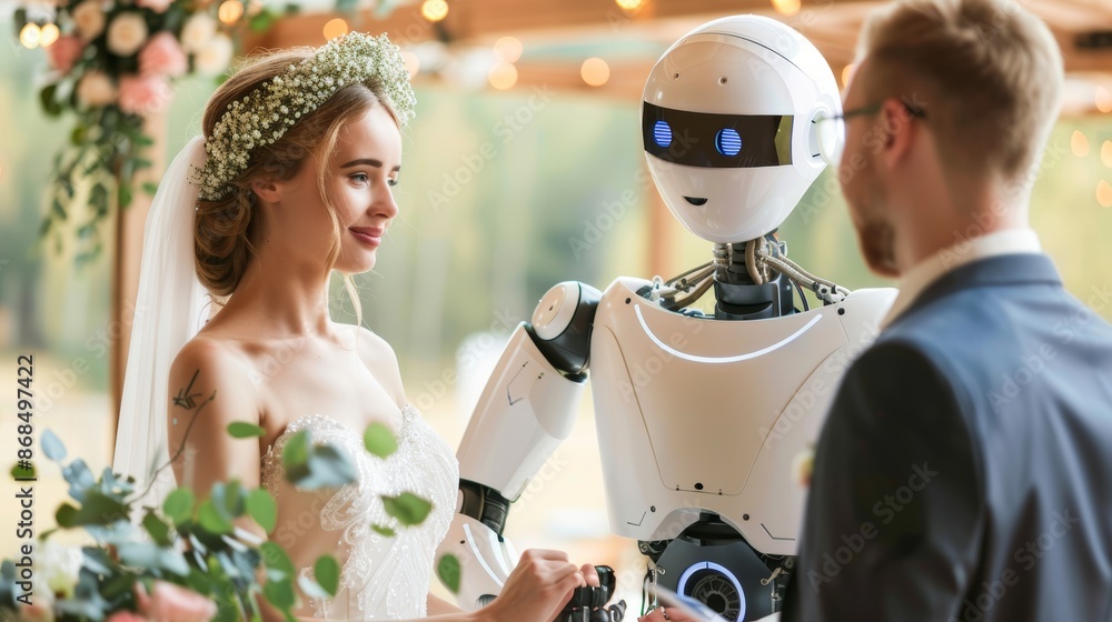 Bride and groom standing with a robot at their wedding ceremony ...