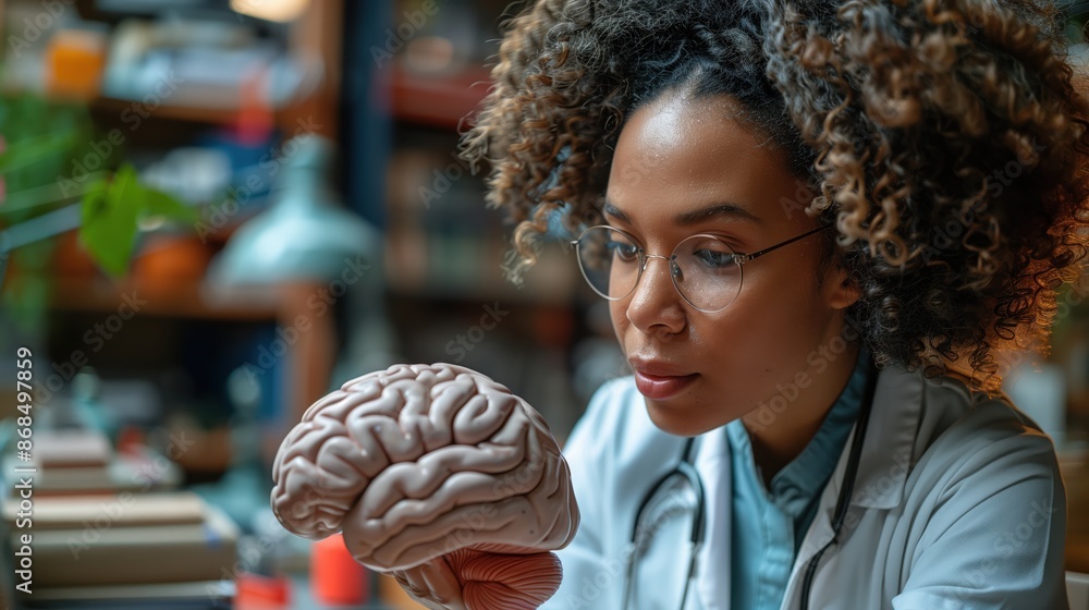 Medical student studying brain model. Medical student examines a ...