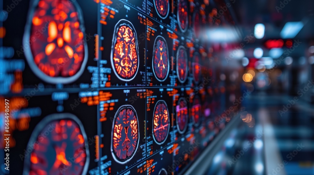 MRI Brain Scan Results Displayed on Monitor. Detailed view of MRI brain ...