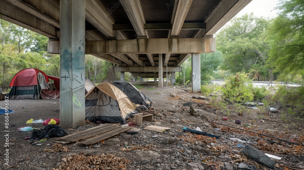 Homeless encampment under a highway overpass, showing the stark ...