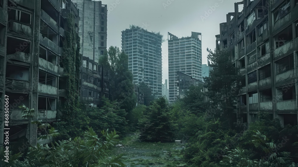 postapocalyptic cityscape with crumbling skyscrapers and abandoned streets overgrown vegetation ...