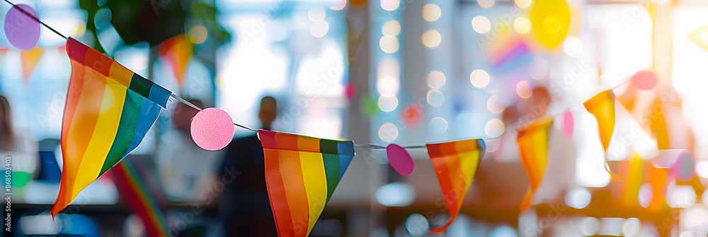 Pride month in the office. Blurred open plan vibrant creative workplace ...