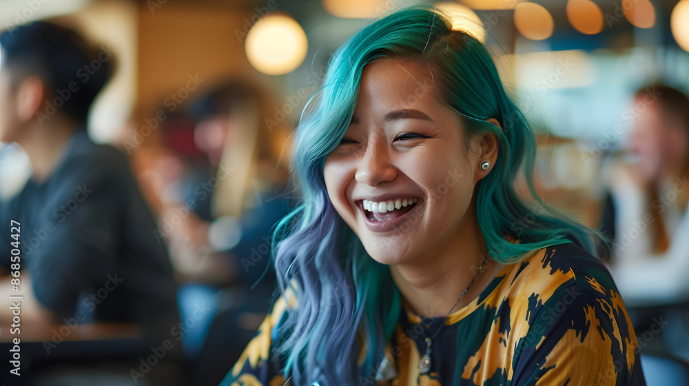 Happy candid female employee with teal hair laughing with colleagues in ...