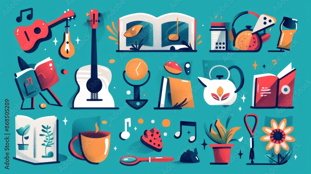 Illustrate vector icons for various hobbies and interests, like music ...
