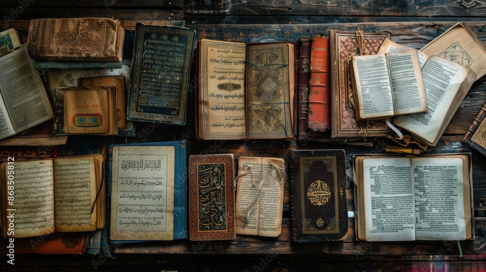 Table with an array of religious texts, including the Bible, Quran ...