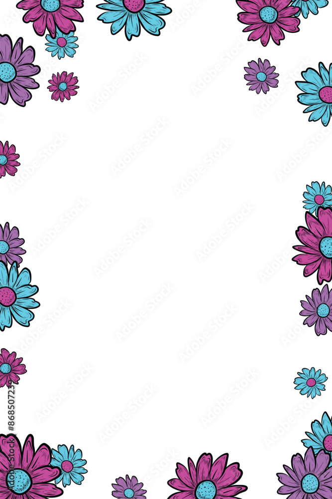 Vector Hand Drawn Daisy Flowers Frame Template Neon Colors Engraving ...