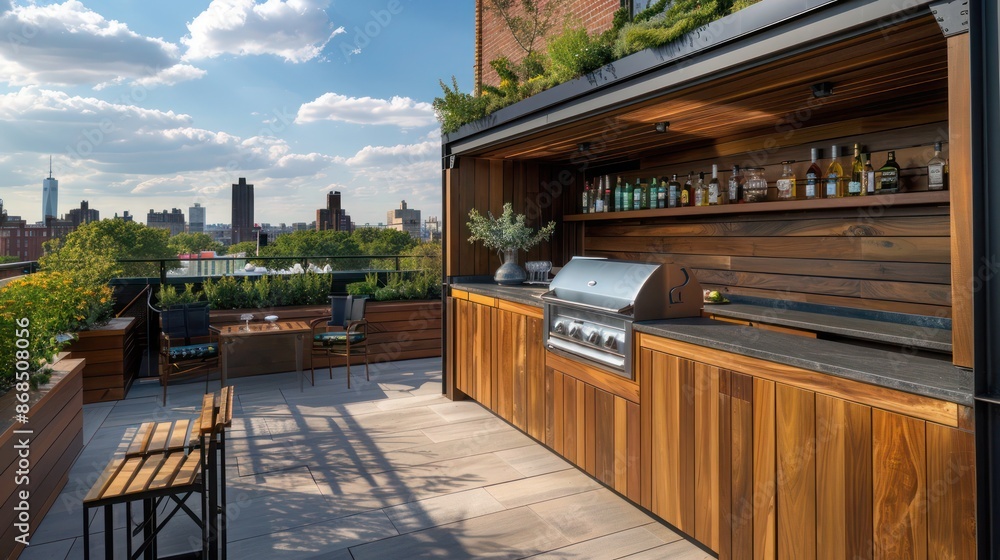 outdoor kitchen on a rooftop terrace, featuring a bar and counters clad ...