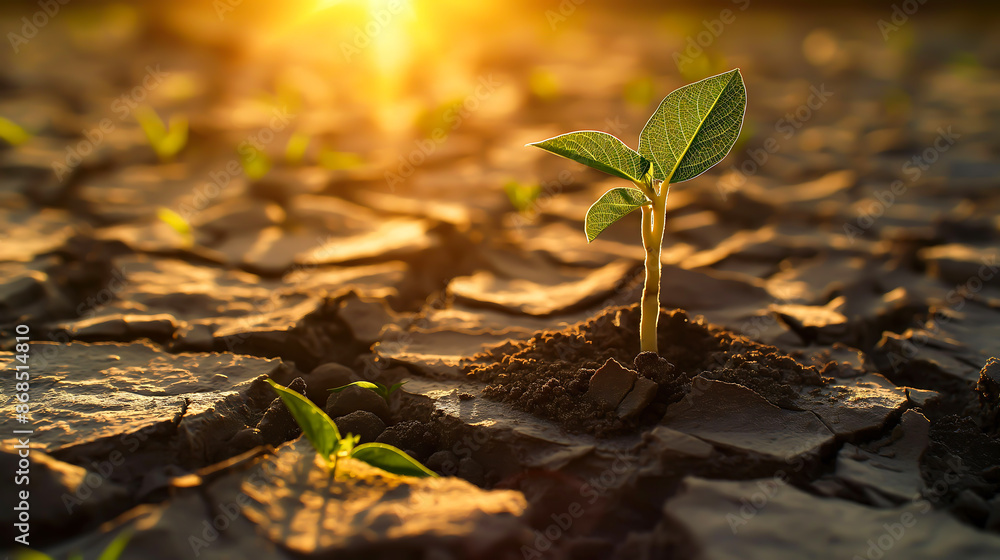 A tree surviving in dry, polluted soil, growing amidst cracked ground ...