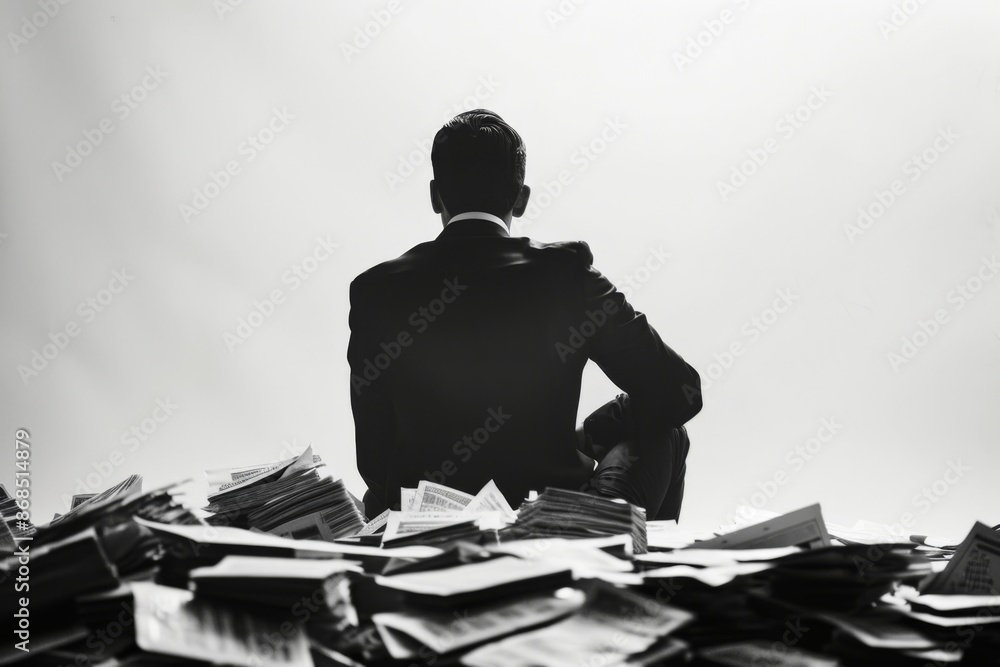 Black and white photo. A businessman in a suit sits with his back ...
