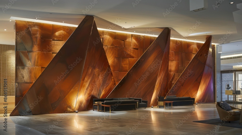 boutique hotel lobby with a dramatic installation of interlocking ...