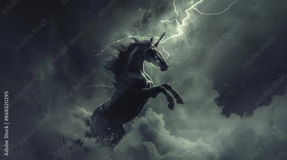 Design a vector image of a unicorn rearing up on its hind legs, with ...