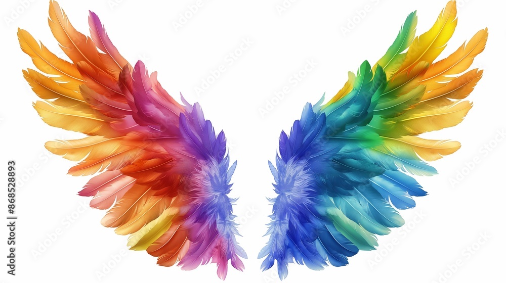 The wings of a bird are shown in a rainbow of colors. The wings are ...