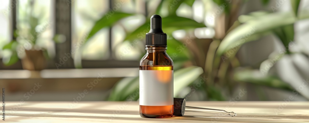 Dropper bottle with a blank label and pipette cap, liquid inside ...