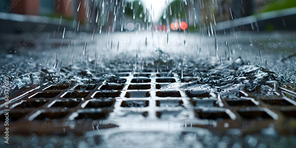 Urban Rainwater Flowing into City Storm Drain from Downpipe. Concept ...