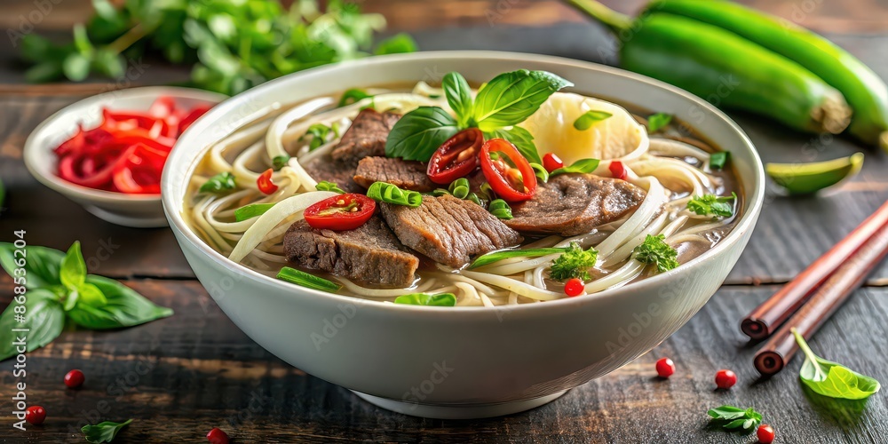 Macro photography of Vietnamese pho with rice noodles, beef, herbs, and ...