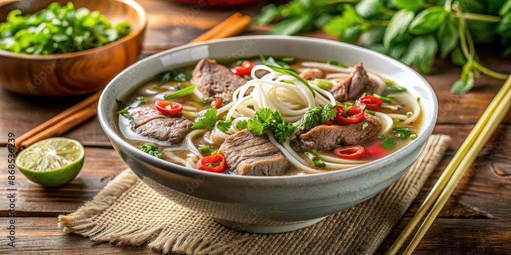 Macro photography of Vietnamese pho with rice noodles, beef, herbs, and ...