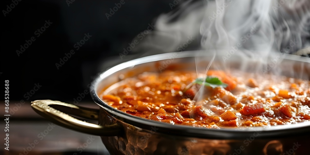 Cooking masala sauce in a traditional kadai pot on low heat. Concept ...