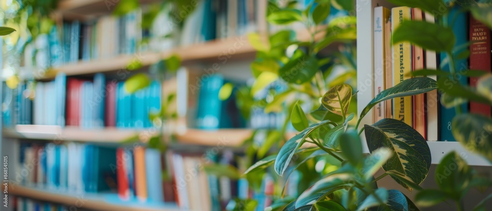 Blur background of book shelf in library space filled with books and ...