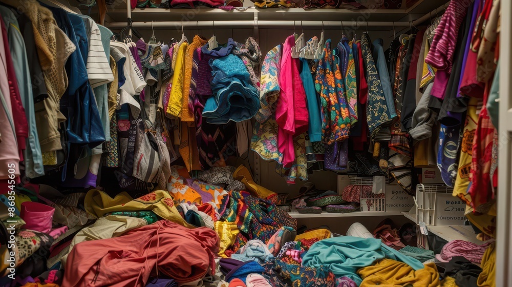 chaotic closet overflowing with colorful fast fashion items price tags ...