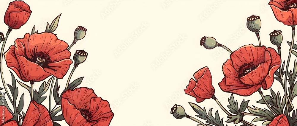 Memorial Day Doodle Page Print Border Design with Poppy Floral Motif ...