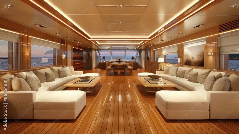 luxury yacht interior with walls and floors clad in polished teak wood ...