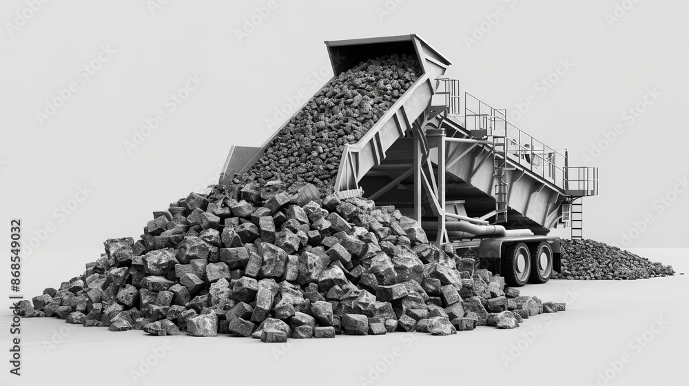 Black and white image of a mining truck dumping a load of rocks ...