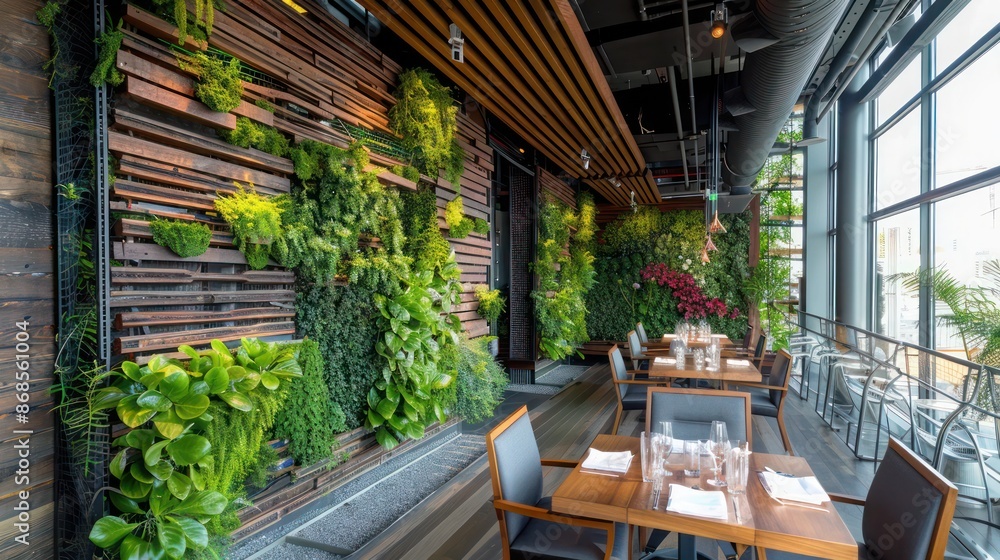 rooftop restaurant with walls of vertical garden interspersed with ...
