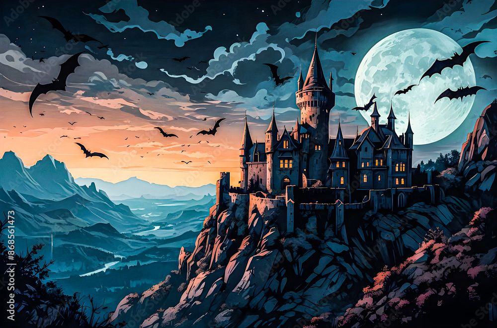 vector art illustration, A foreboding castle atop a jagged cliff, under ...
