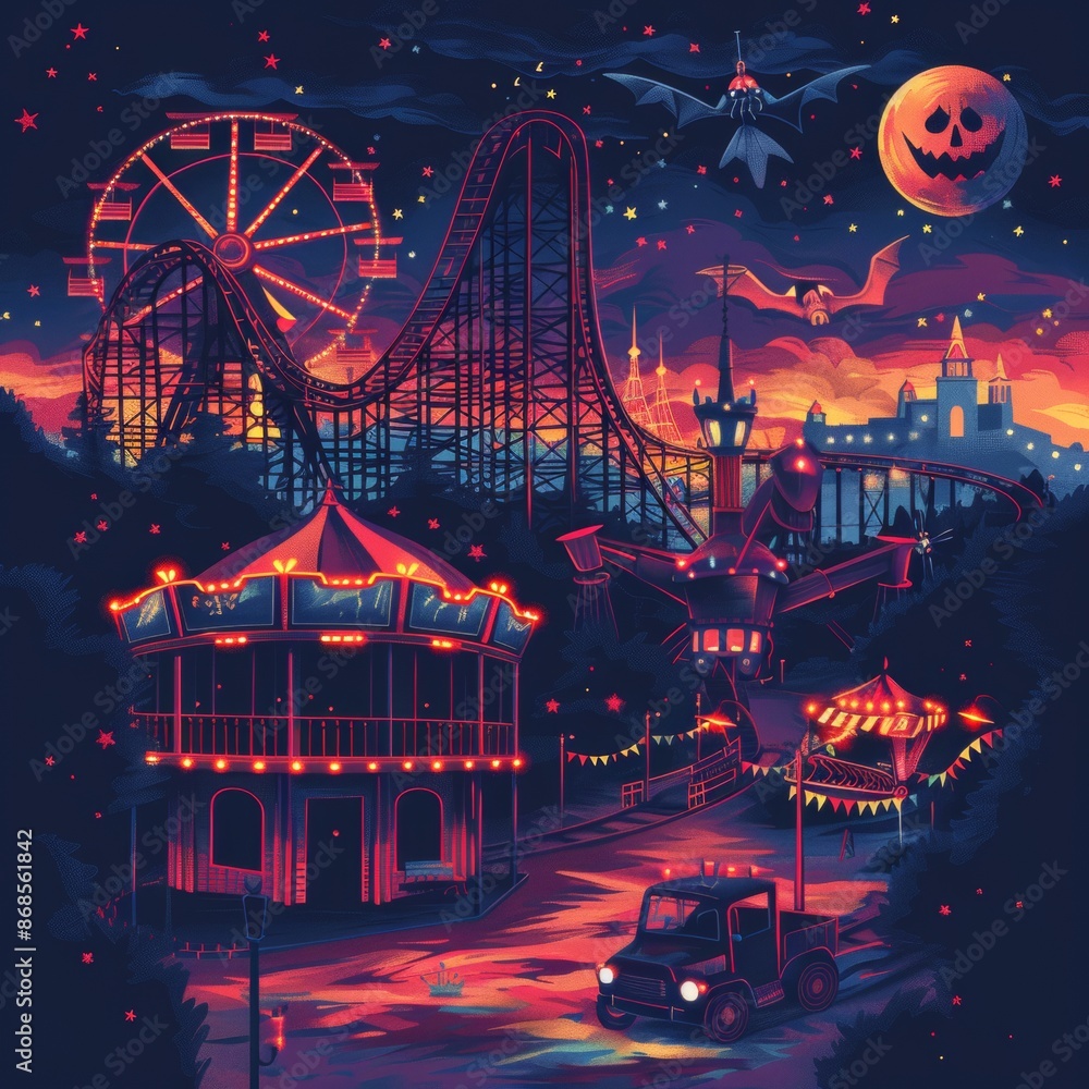 Creepy Carnival Night: Spooky Flat Design Illustration of Eerie Rides ...